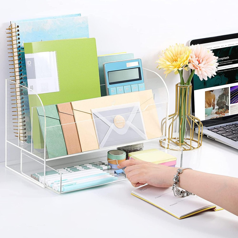 Clear Acrylic Desk Organizers, File Organizer, Mail Sorter Tray Holder ...